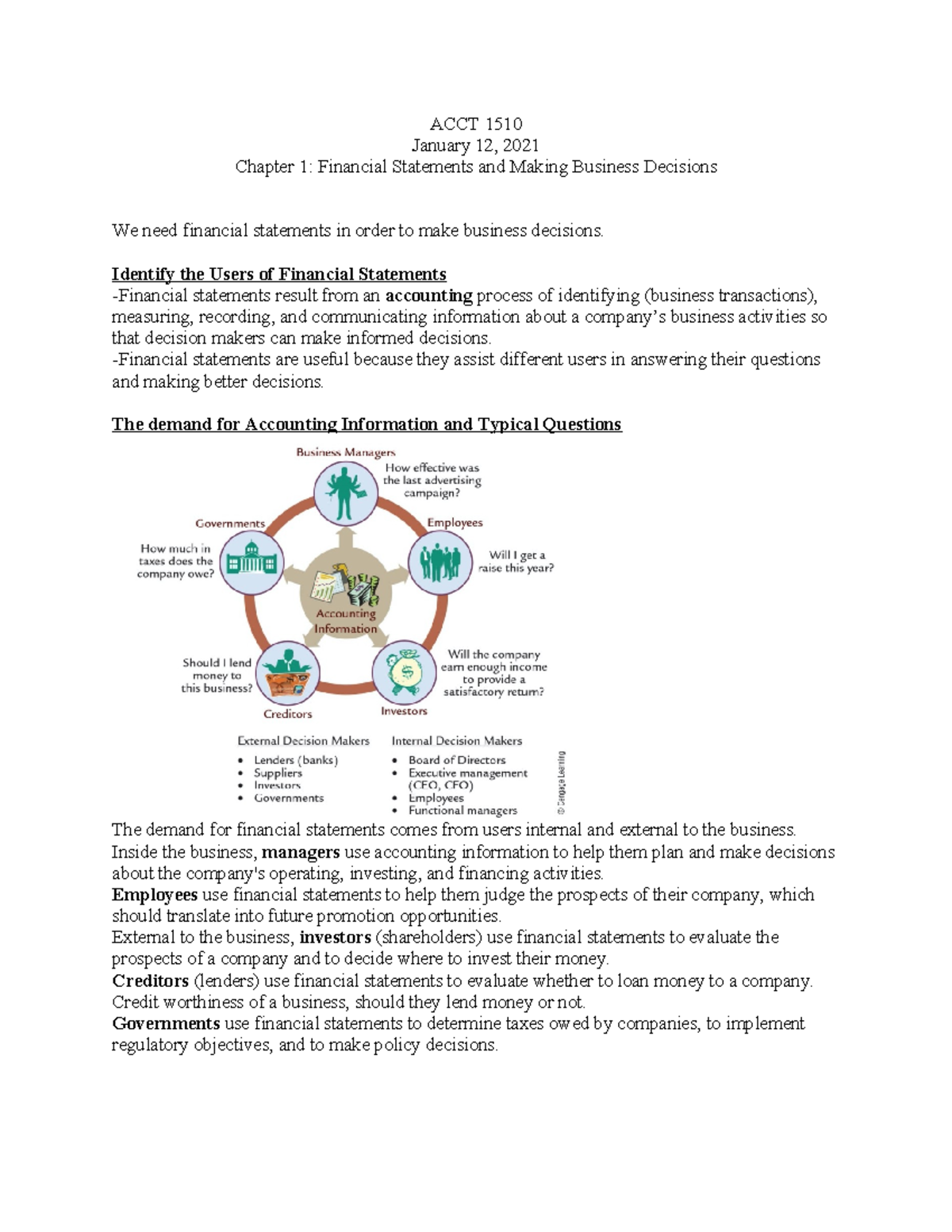 Accounting Chapter 1 - ACCT 1510 January 12, 2021 Chapter 1: Financial ...