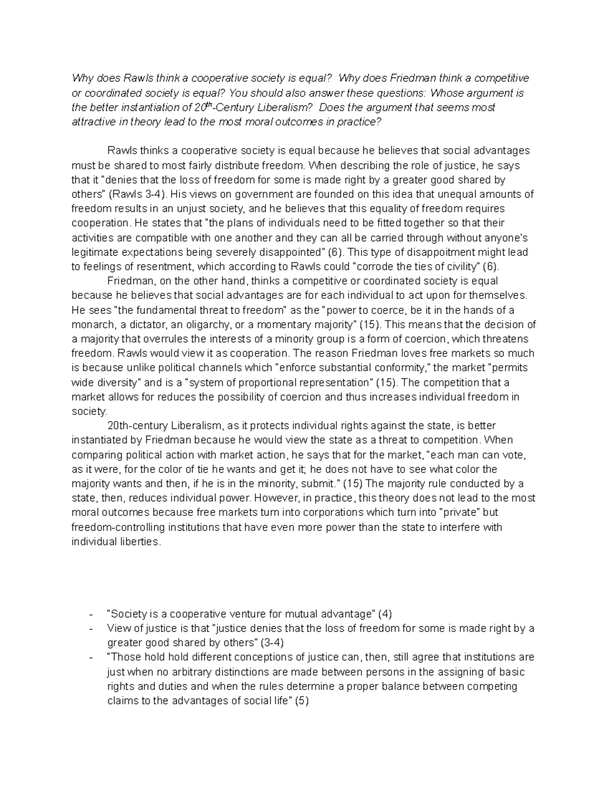 Essay about Rawls and Friedman - Why does Rawls think a cooperative ...