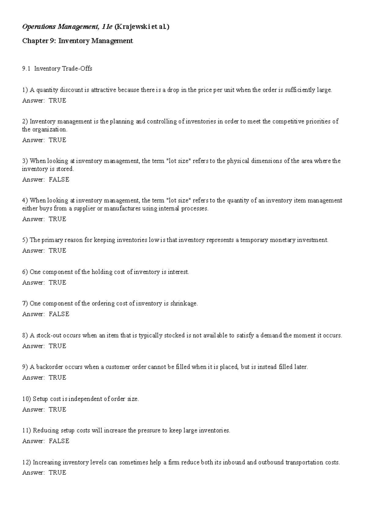 POM ch.6 Managing Inventory - Operations Management, 11e (Krajewski et al.) Chapter 9: Inventory ...