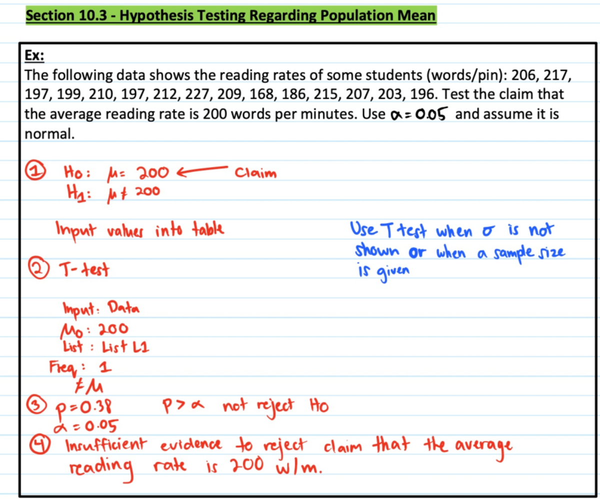 Math Section 10.3 Notes - Section 10 Hypothesis Testing Regarding ...