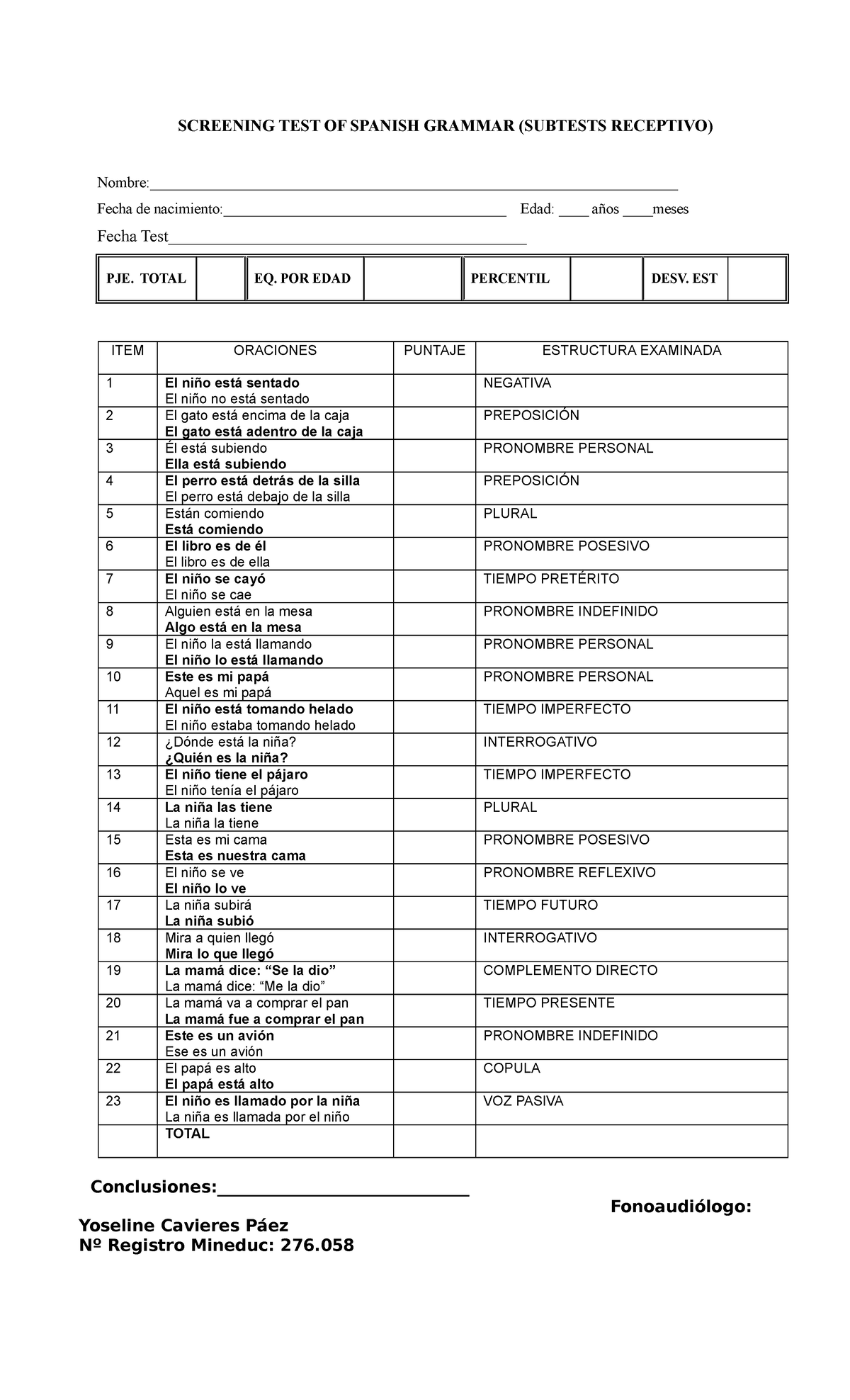 Screening-Receptivo - SCREENING TEST OF SPANISH GRAMMAR (SUBTESTS ...