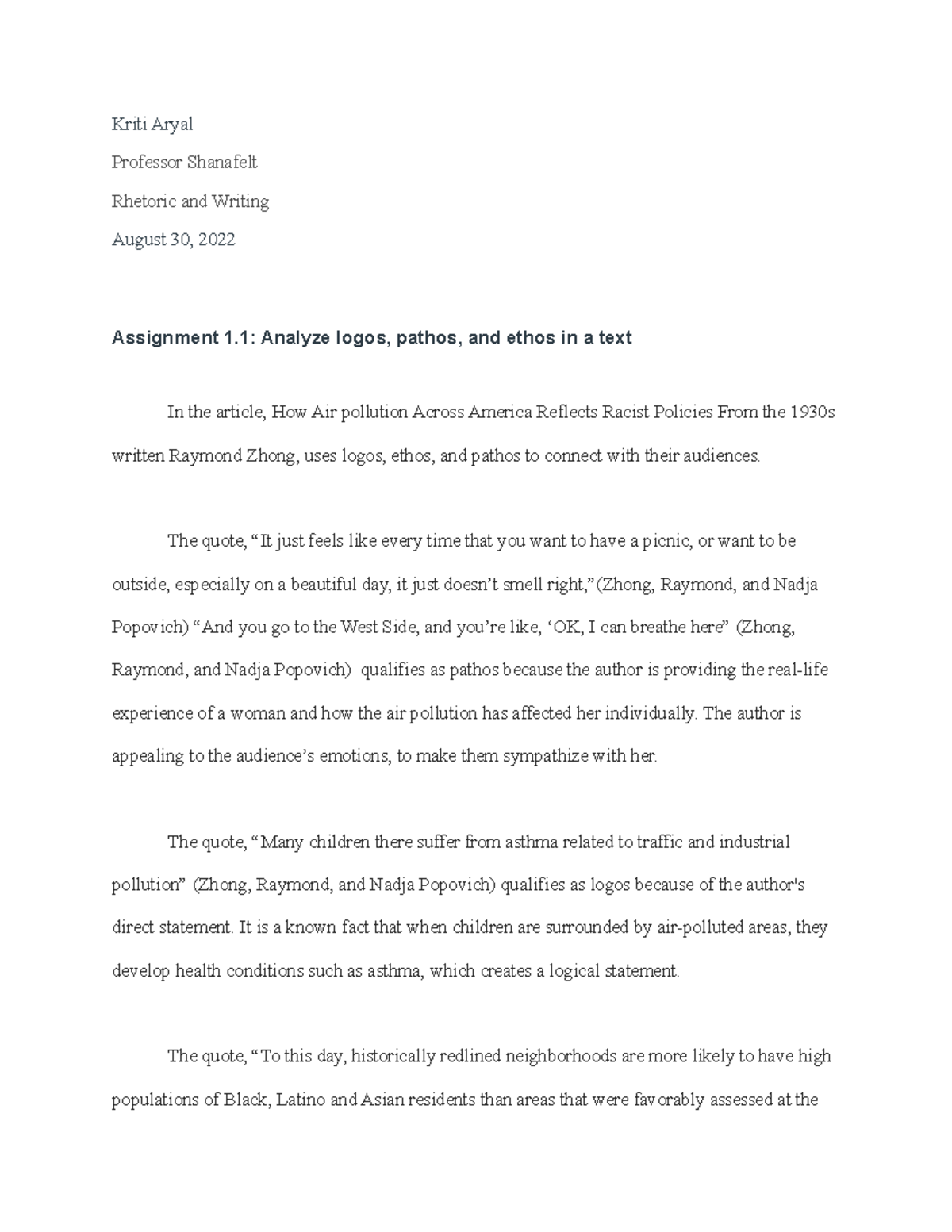 Assignment 1.1 Analyze logos, pathos, and ethos in a text - Kriti Aryal ...