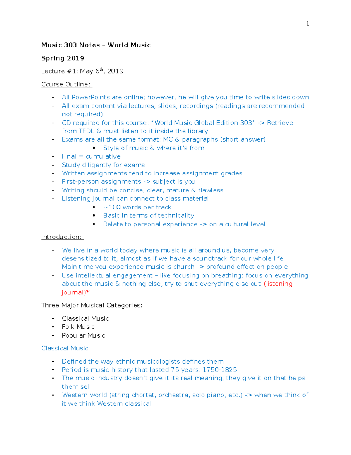 Music 303 Notes - 1 Music 303 Notes World Music Spring 2019 Lecture May ...