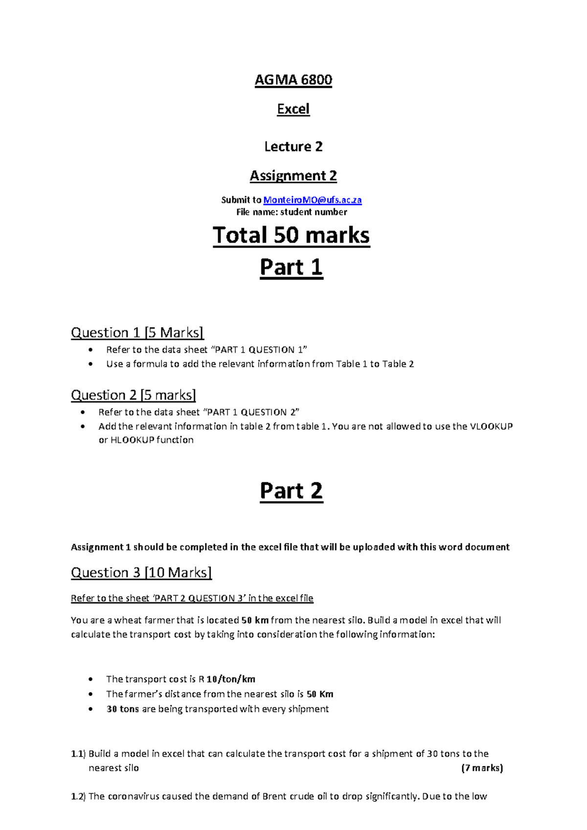 Assignment 2 final 2023 - AGMA 6800 Excel Lecture 2 Assignment 2 Submit to MonteiroMO@ufs.ac ...