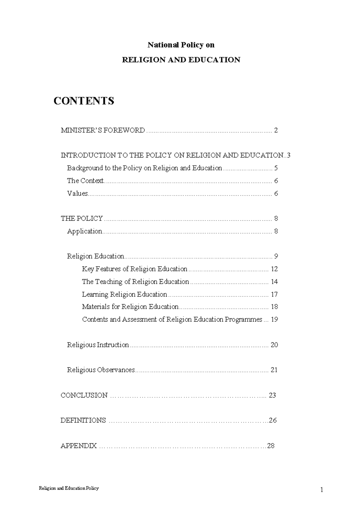 Religion 0 - More information on religious education - National Policy ...