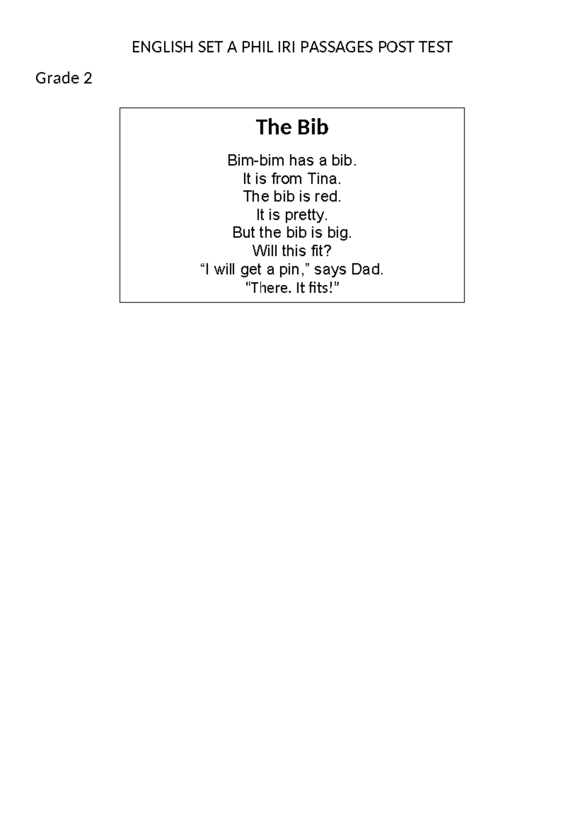 POST-TEST English- Passages-A-IN-PHIL IRI - ENGLISH SET A PHIL IRI ...