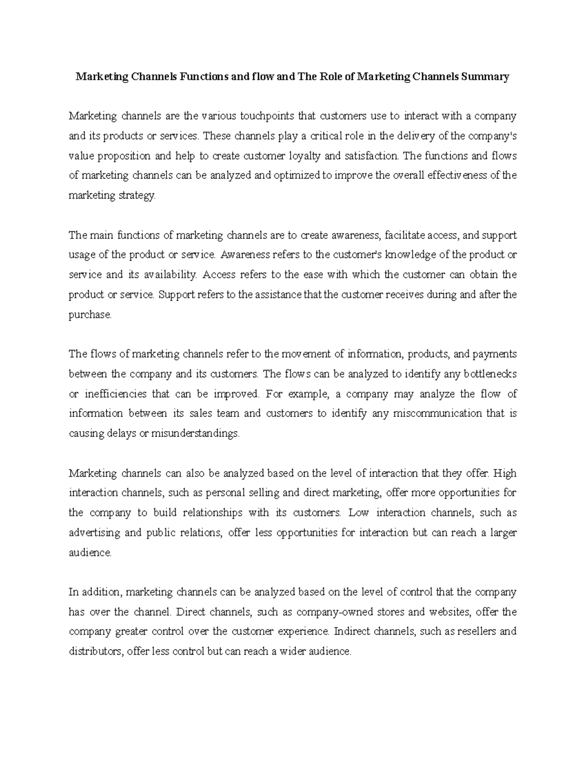 Marketing Channels Functions and flow and The Role of Marketing ...