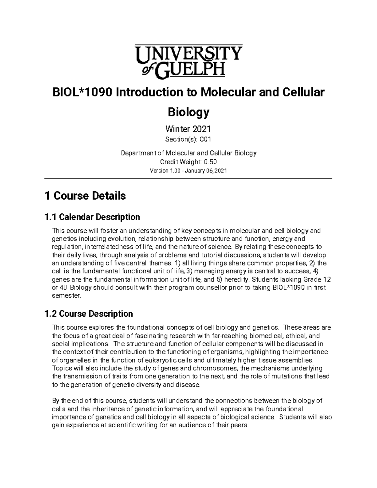 W21 BIOL 1090 Outline - BIOL*1090 Introduction to Molecular and ...