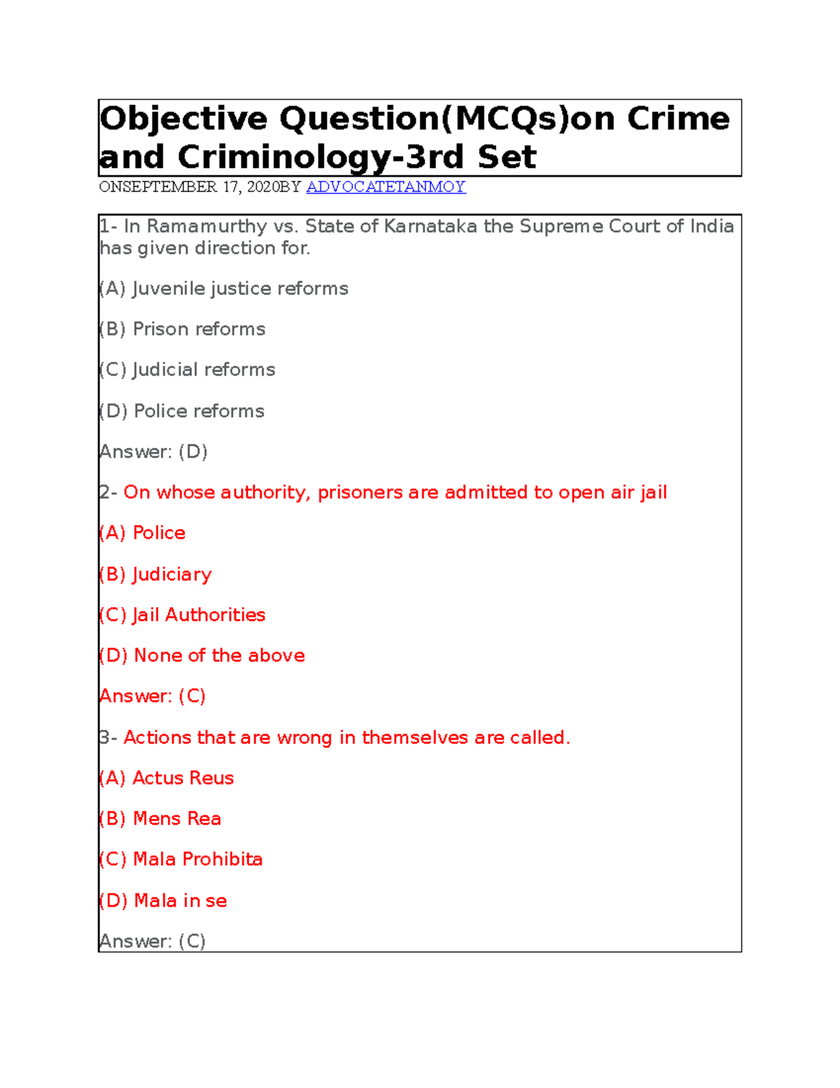 Objective Question criminology - Objective Question(MCQs)on Crime and ...