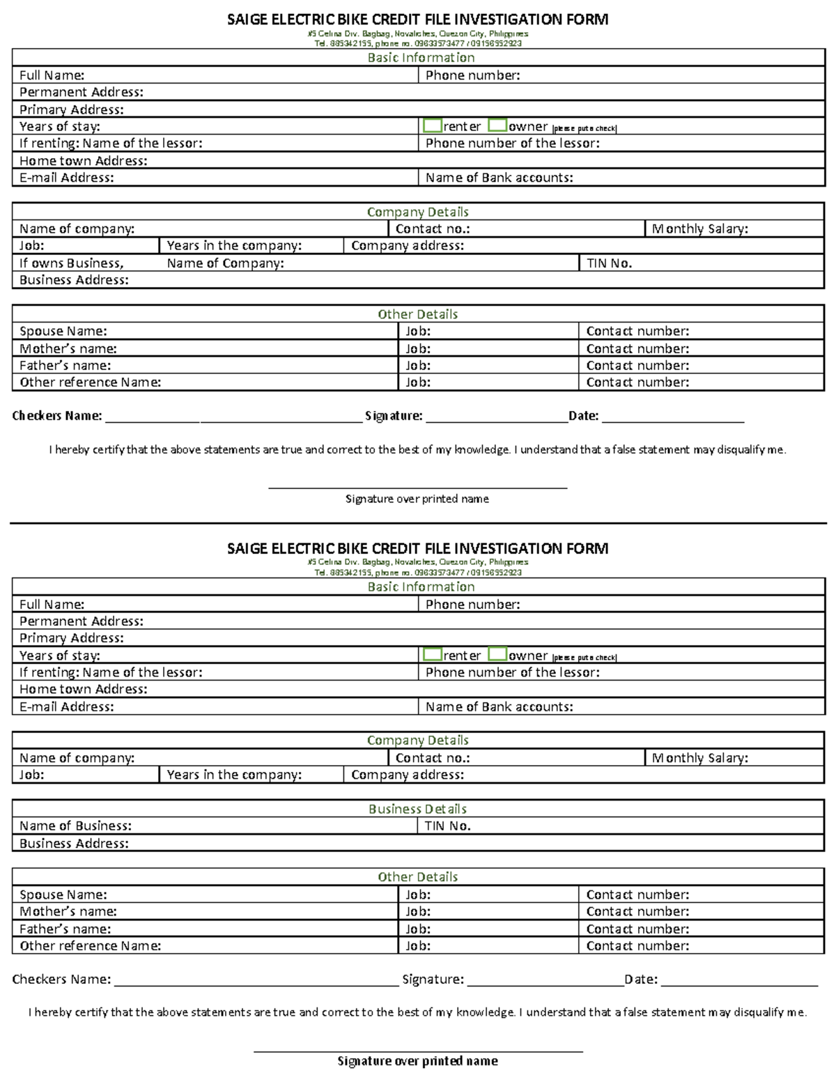 Credit FILE Investigation FORM - SAIGE ELECTRIC BIKE CREDIT FILE ...
