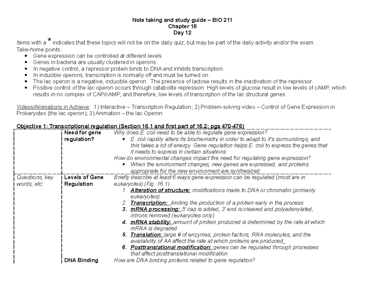 BIO 211- Day 12 Gene Regulation in Bacteria - Note taking and study ...