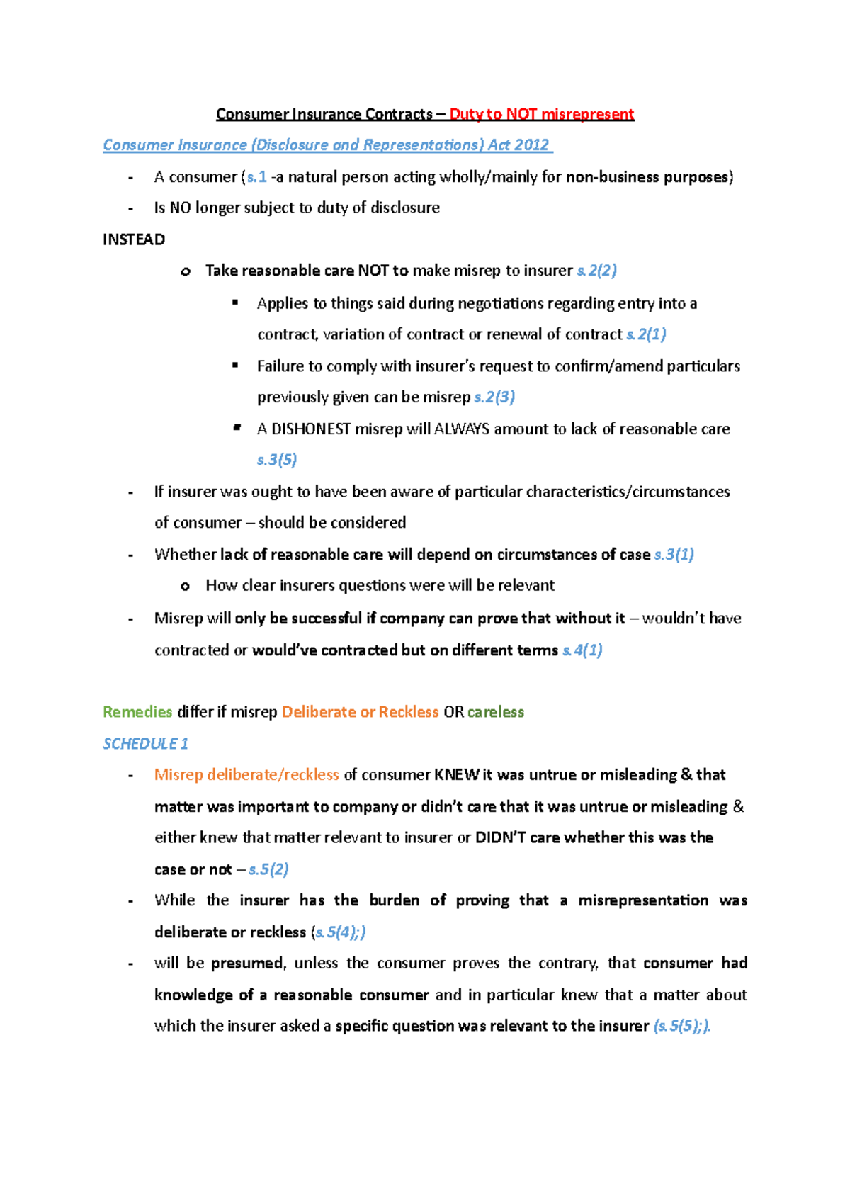 Consumer Insurance Contracts - REMEDIES - SCHEDULE 1 If deliberate ...