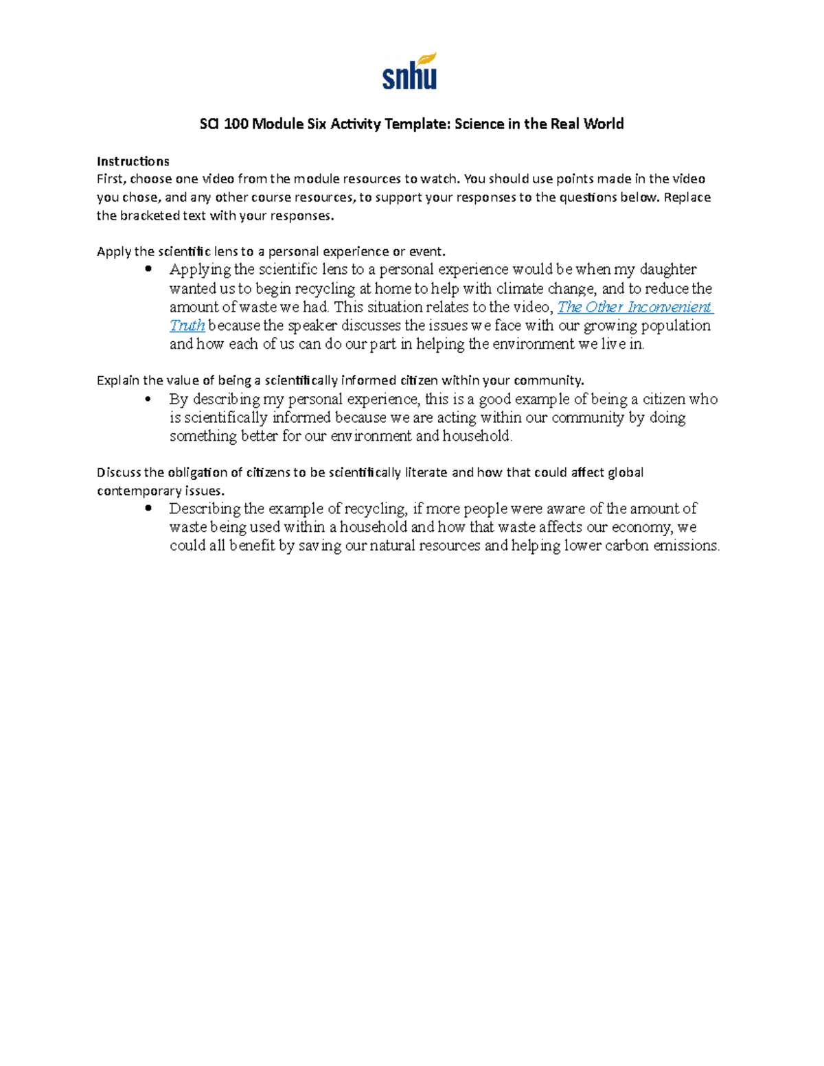 Module 6 Assignment - Applying science in the real world. - SCI 100 ...