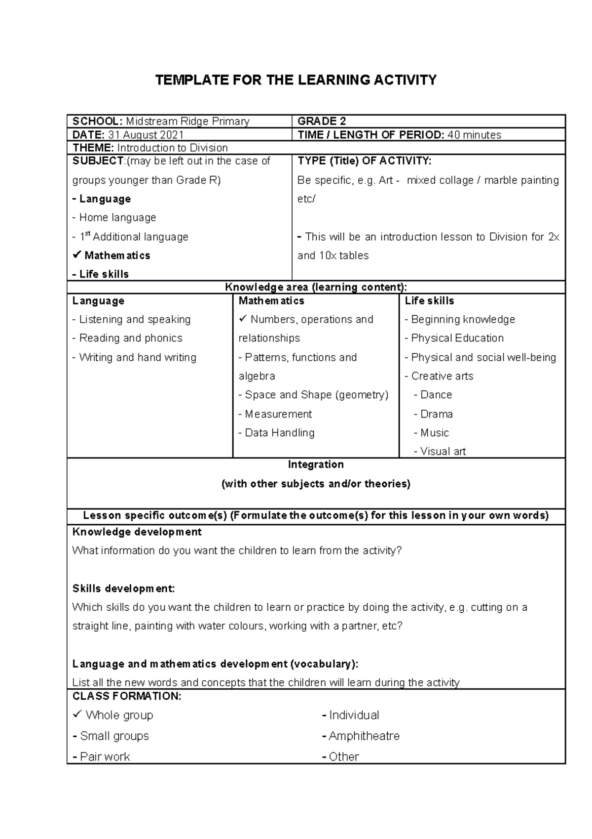 Short Lesson Plan (PRO) - TEMPLATE FOR THE LEARNING ACTIVITY SCHOOL ...