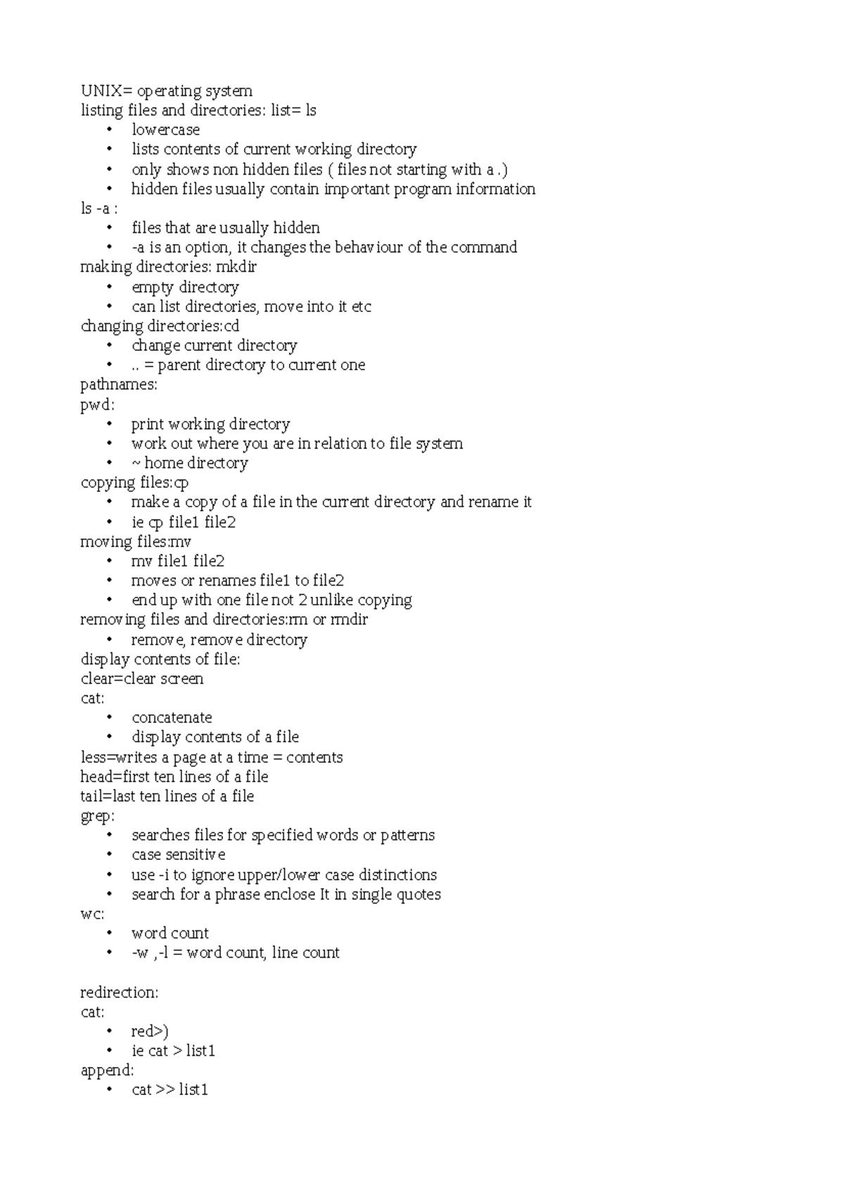 Linux - revision work - UNIX= operating system listing files and ...