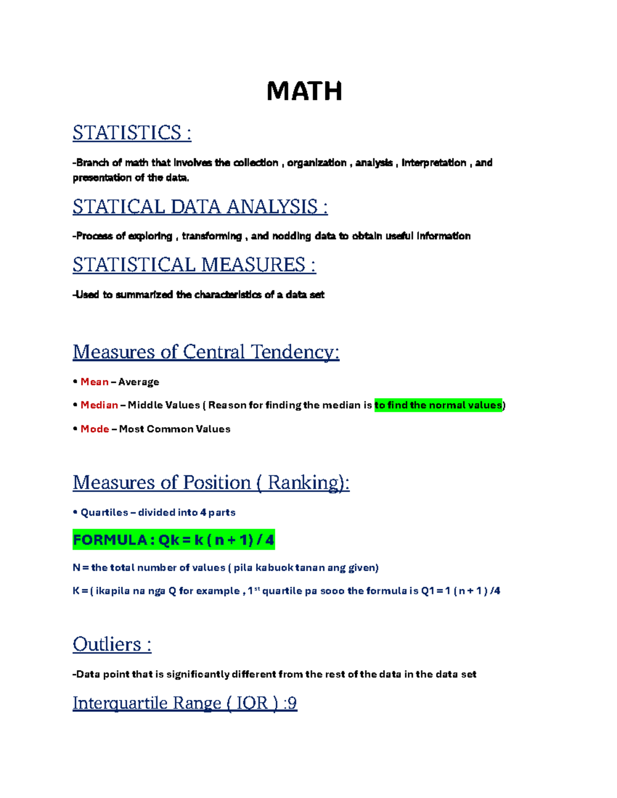 Notes-MATH - MATH STATISTICS : - Branch of math that involves the ...