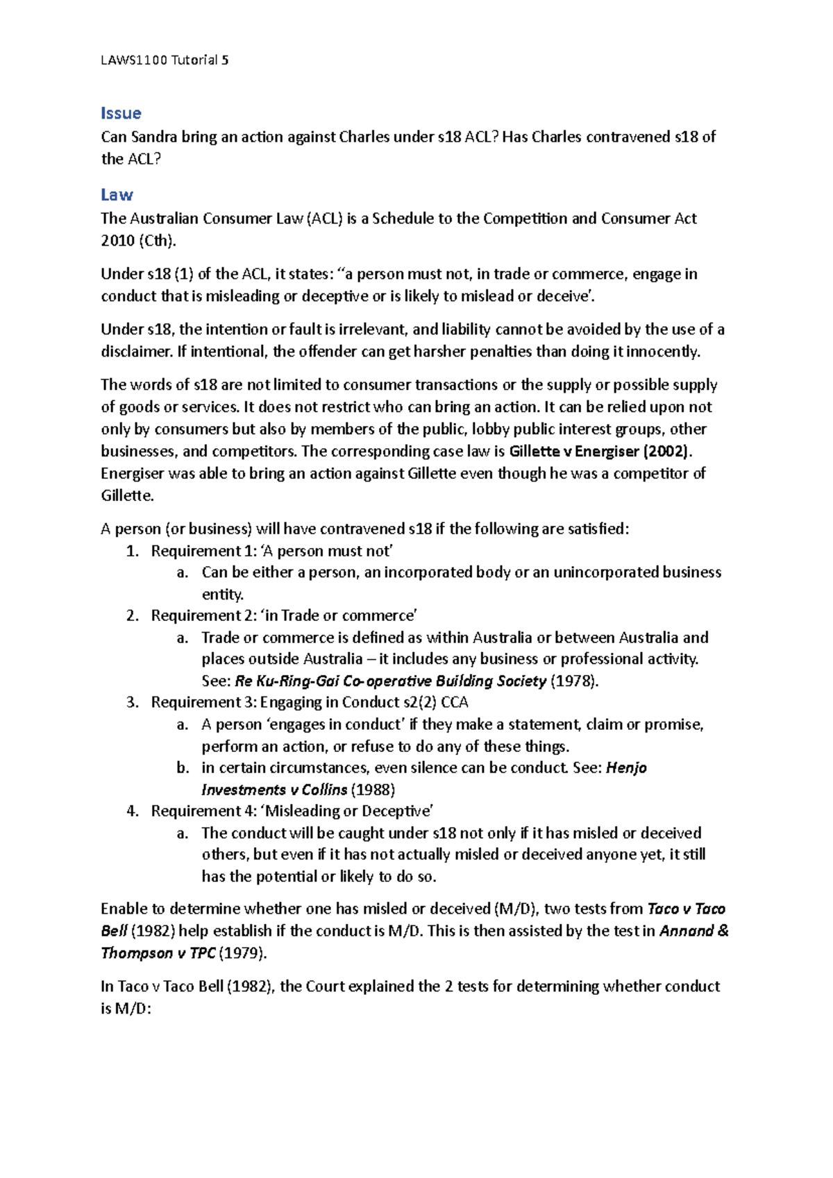 Tutorial 5 - Received full marks - LAWS1100 Tutorial 5 Issue Can Sandra ...
