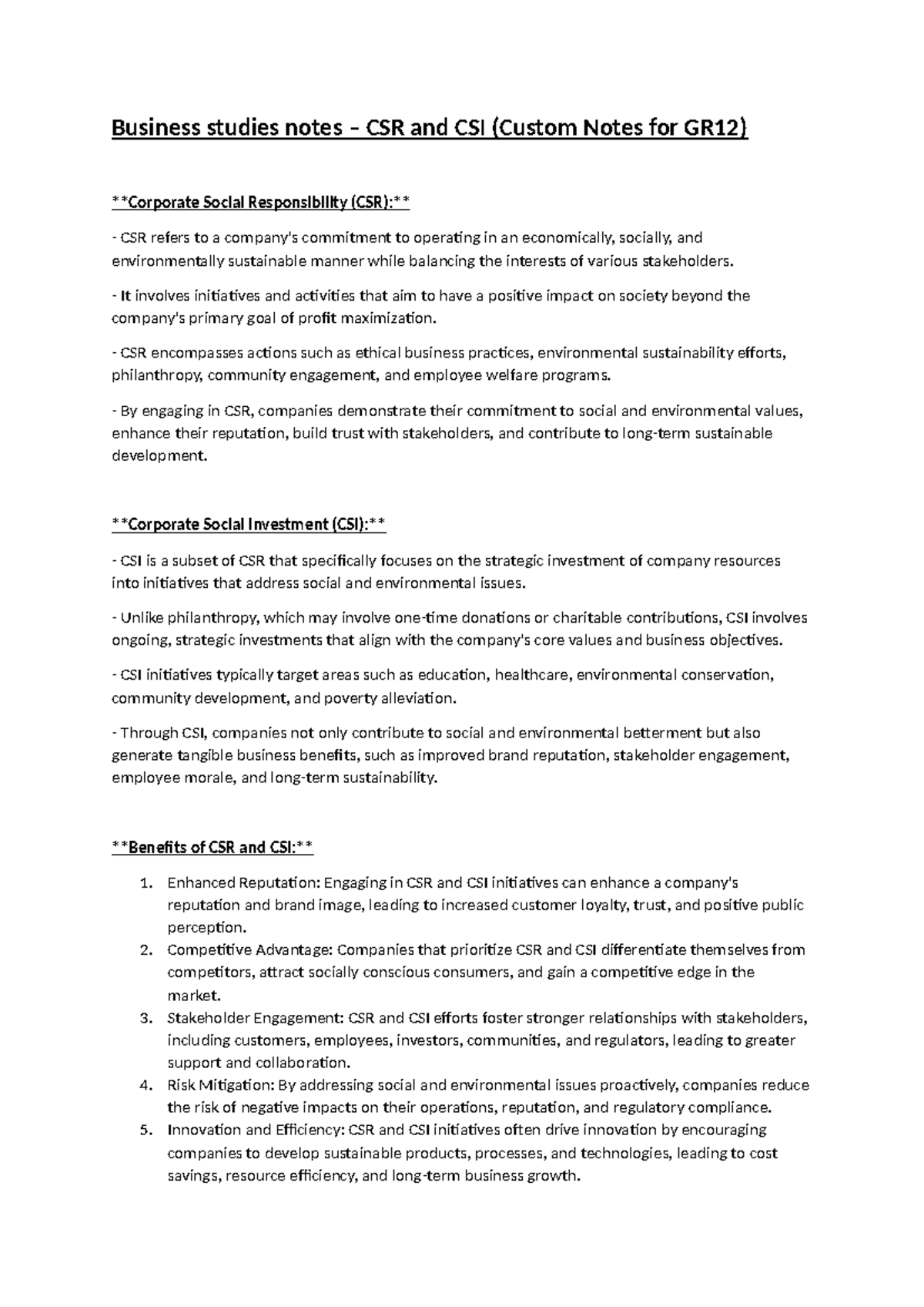 Business studies notes - CSR and CSI - It involves initiatives and ...