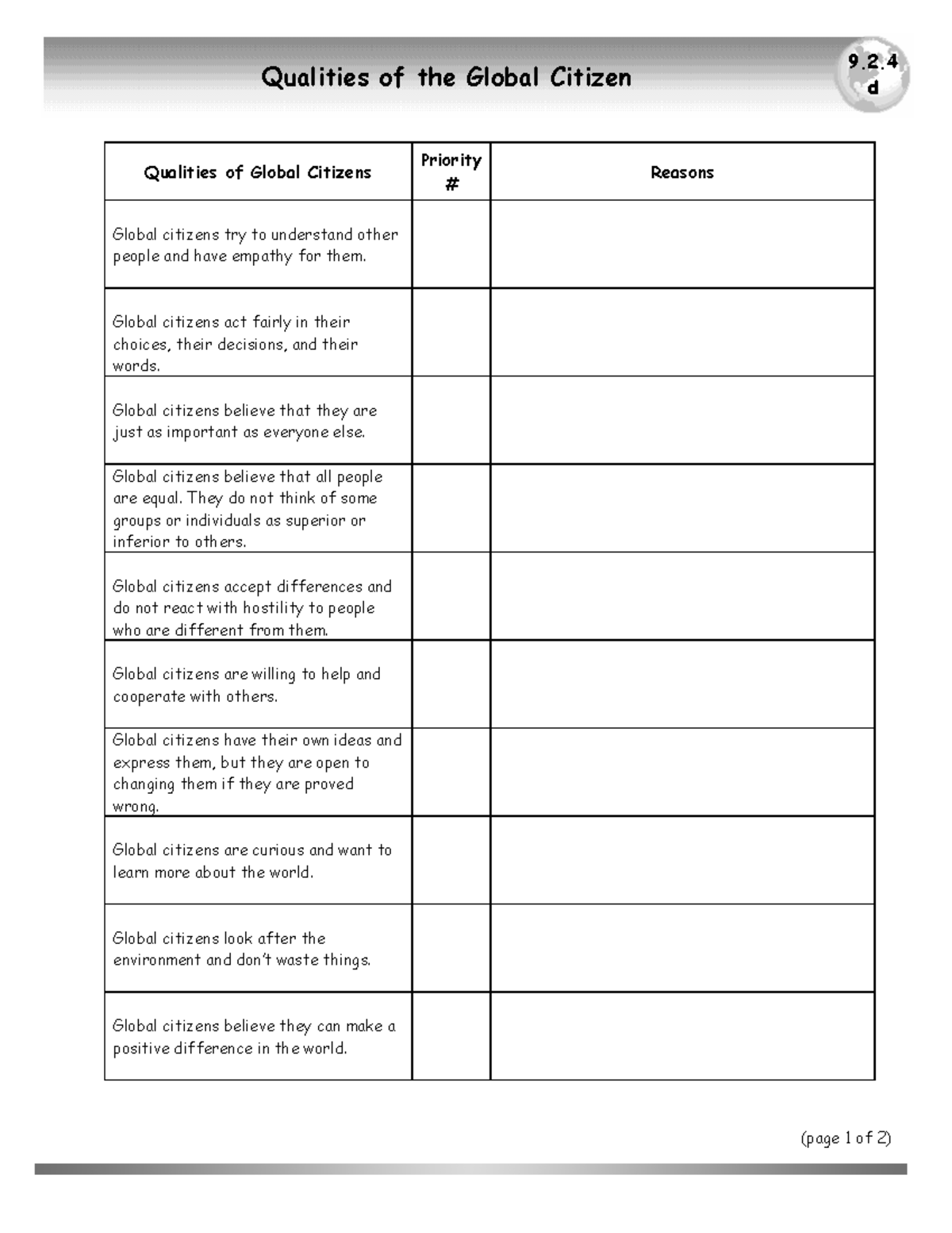 9-2-4d - Assignment - Qualities of the Global Citizen 9. d Qualities of ...