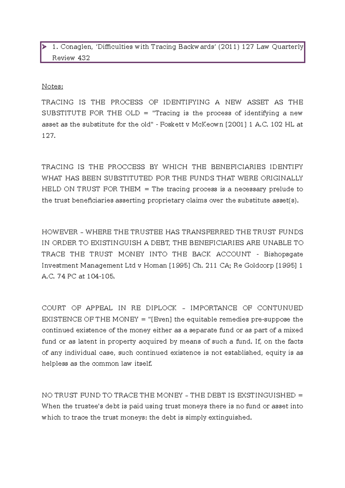 Tracing Notes - 1. Conaglen, ‘Difficulties with Tracing Backwards ...