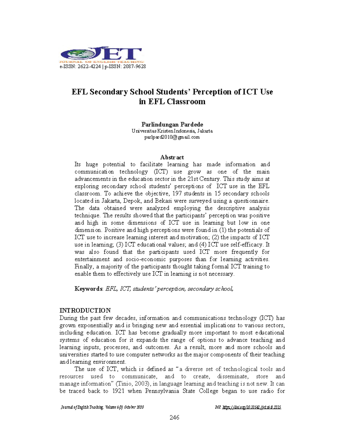 ICT-Questionnaire - Journal of English Teaching, Volume 6(3) October ...