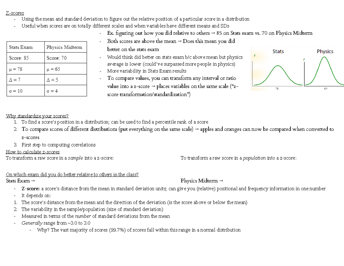 PSYC 243 Exam 2 Review Notes - Z-scores - Using the mean and standard ...