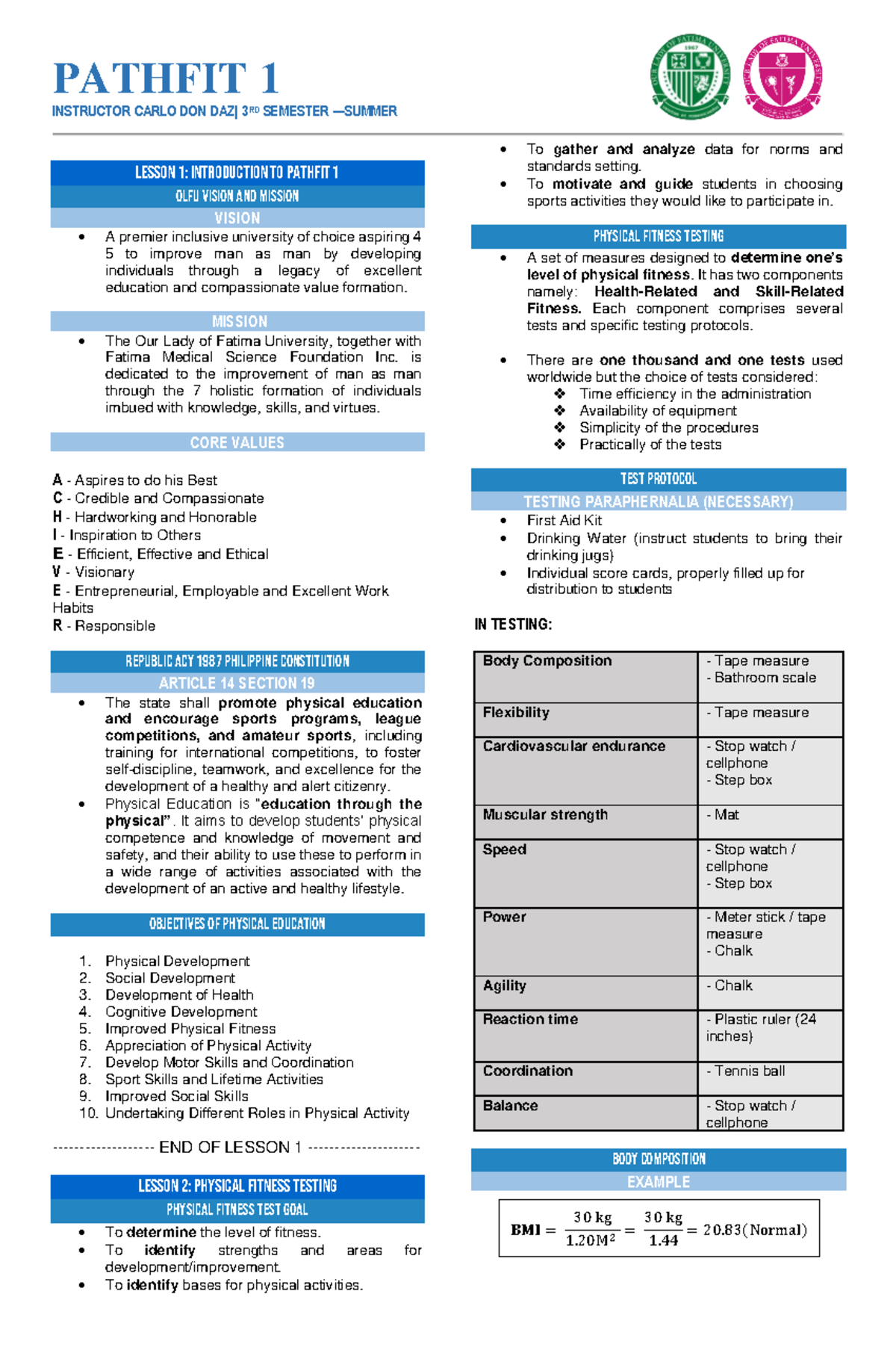 Pathfit-1 Summer TERM - PATHFIT 1 INSTRUCTOR CARLO DON DAZ| 3 RD SEMESTER —SUMMER LESSON 1 ...