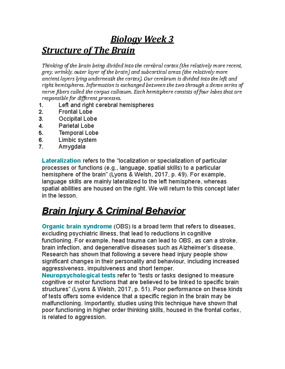 Biology Week 3 CC210 - Notes - Biology Week 3 Structure of The Brain ...