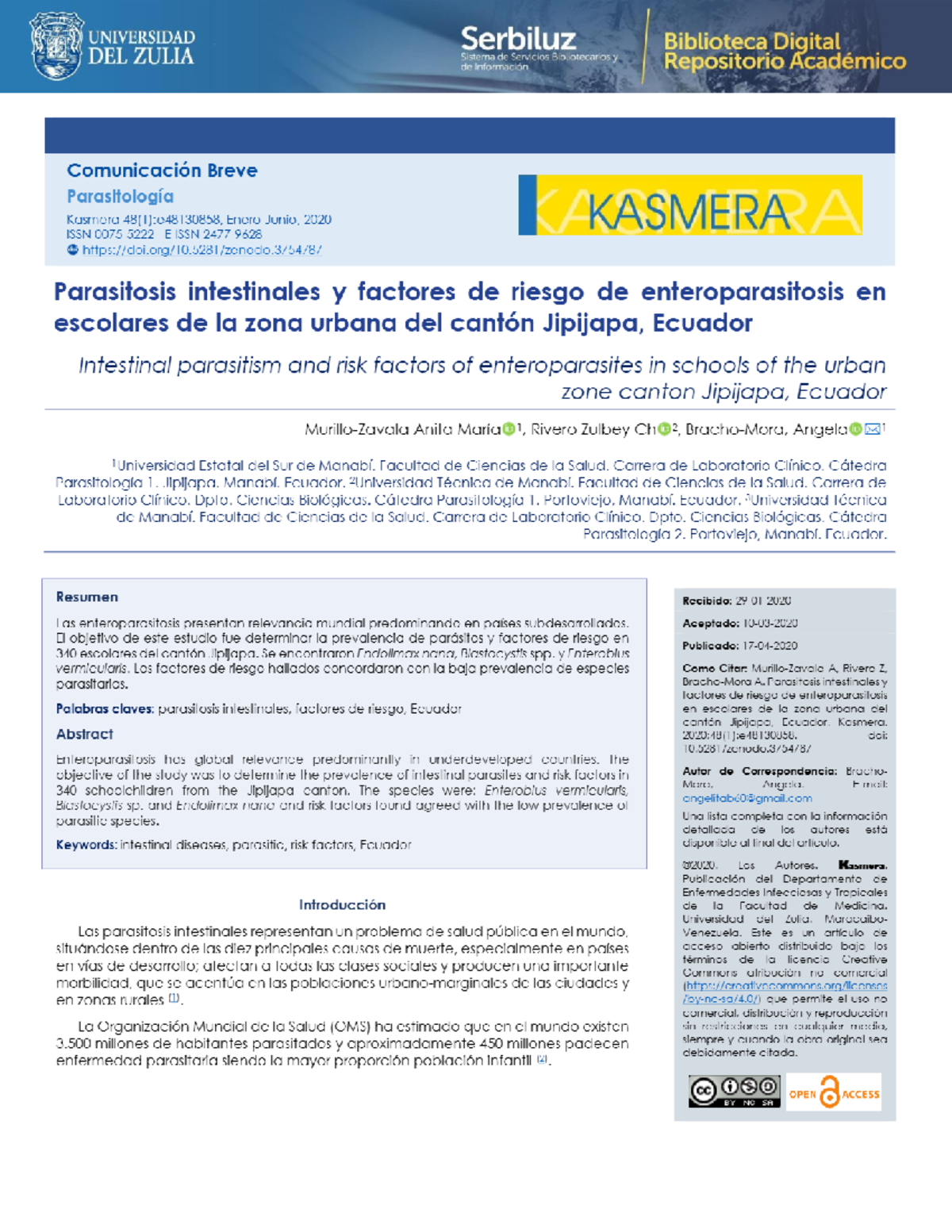 Parasitosis intestinales y factores de riesgo de enteroparasitosis en ...