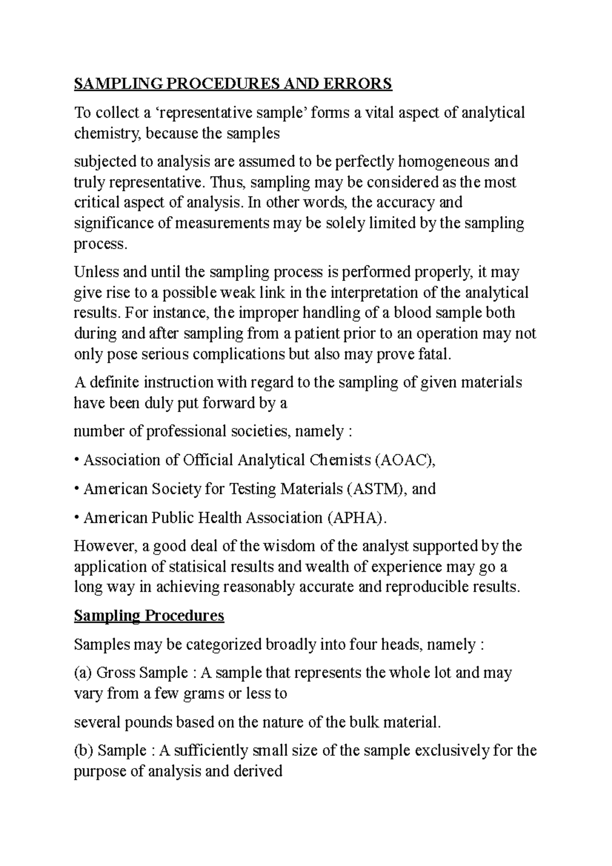 Sampling Procedures And Errors Sampling Procedures And Errors To Collect A ‘representative