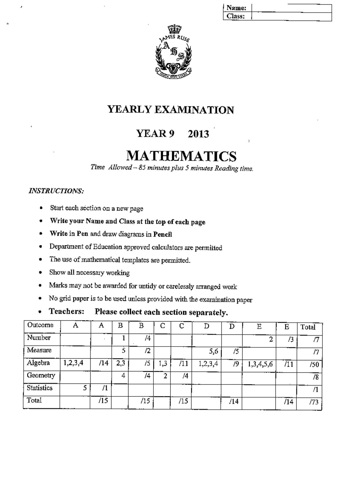 James Ruse 2013 Year 9 Maths Yearly & Solutions - Studocu