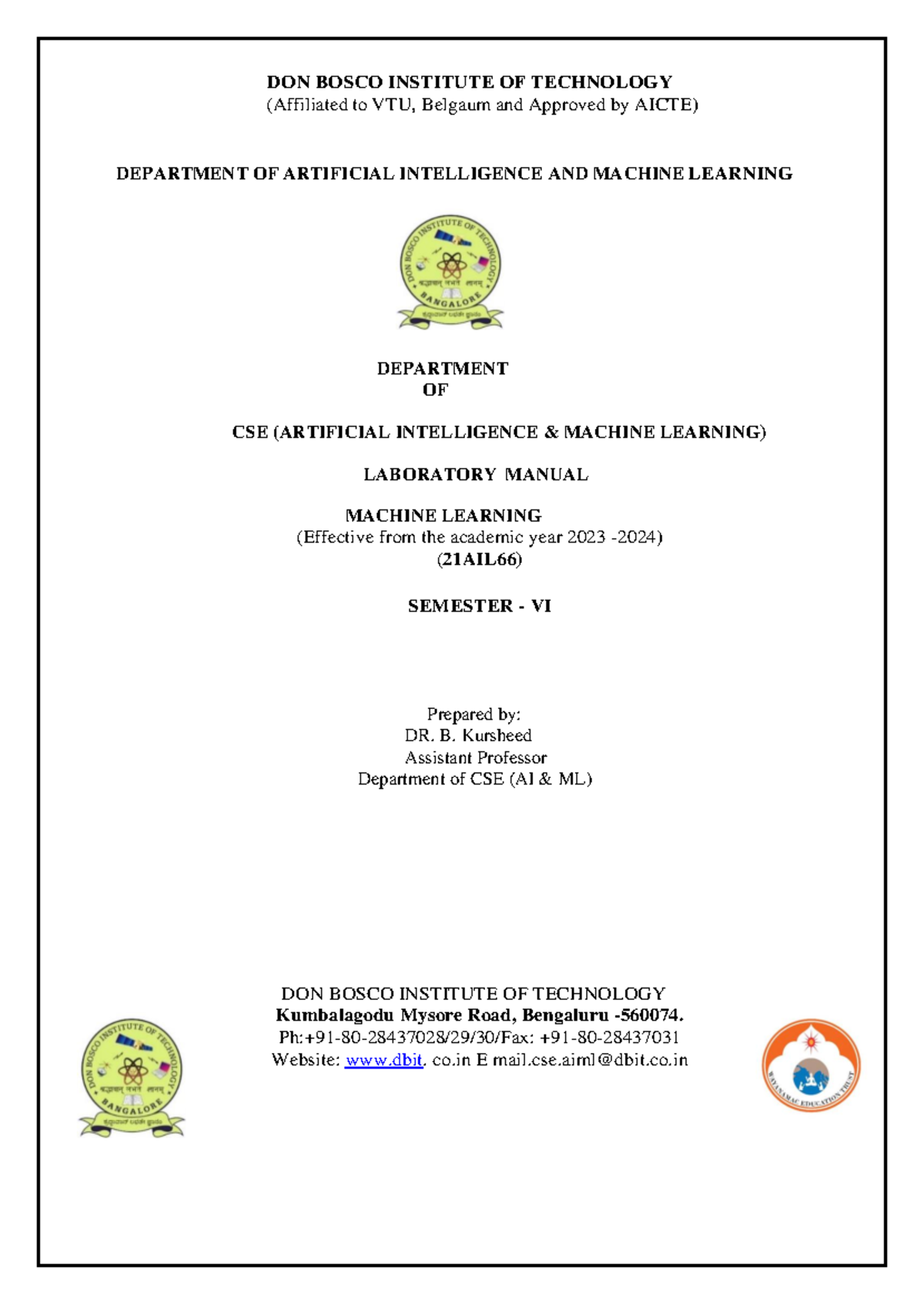 Machine learning 6th sem - DON BOSCO INSTITUTE OF TECHNOLOGY ...