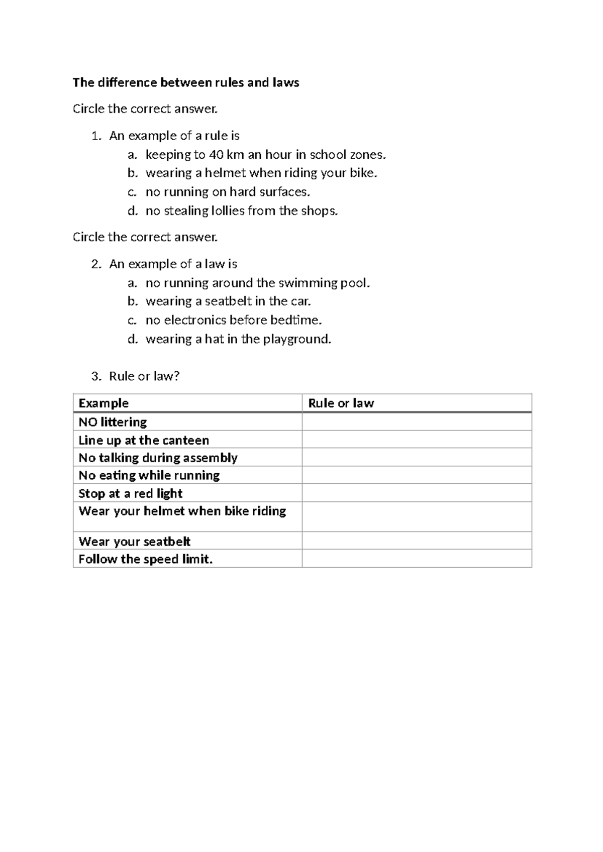 HASS worksheet - The difference between rules and laws Circle the ...