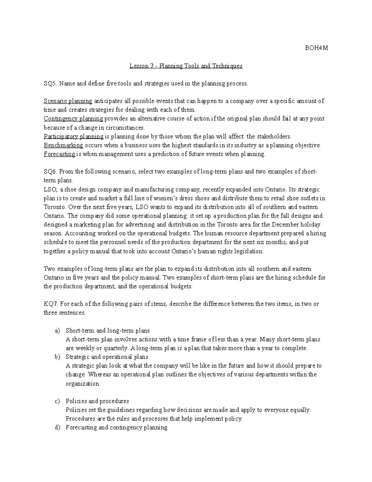 Lesson 7 - Planning Tools and Techniques - BOH4M Lesson 7 - Planning ...