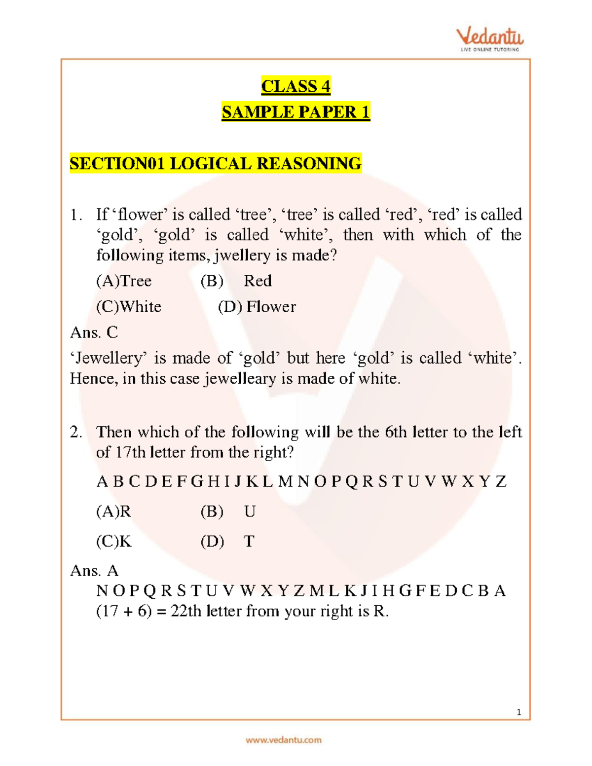 IMO Maths Sample Paper 1 for Class 4 - CLASS 4 SAMPLE PAPER 1 SECTION01 ...