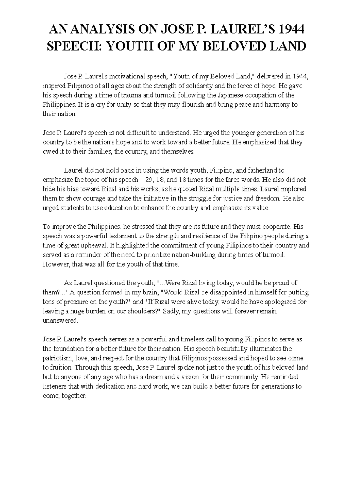 Analysis on JPL's 1944 Speech - AN ANALYSIS ON JOSE P. LAUREL’S 1944 ...