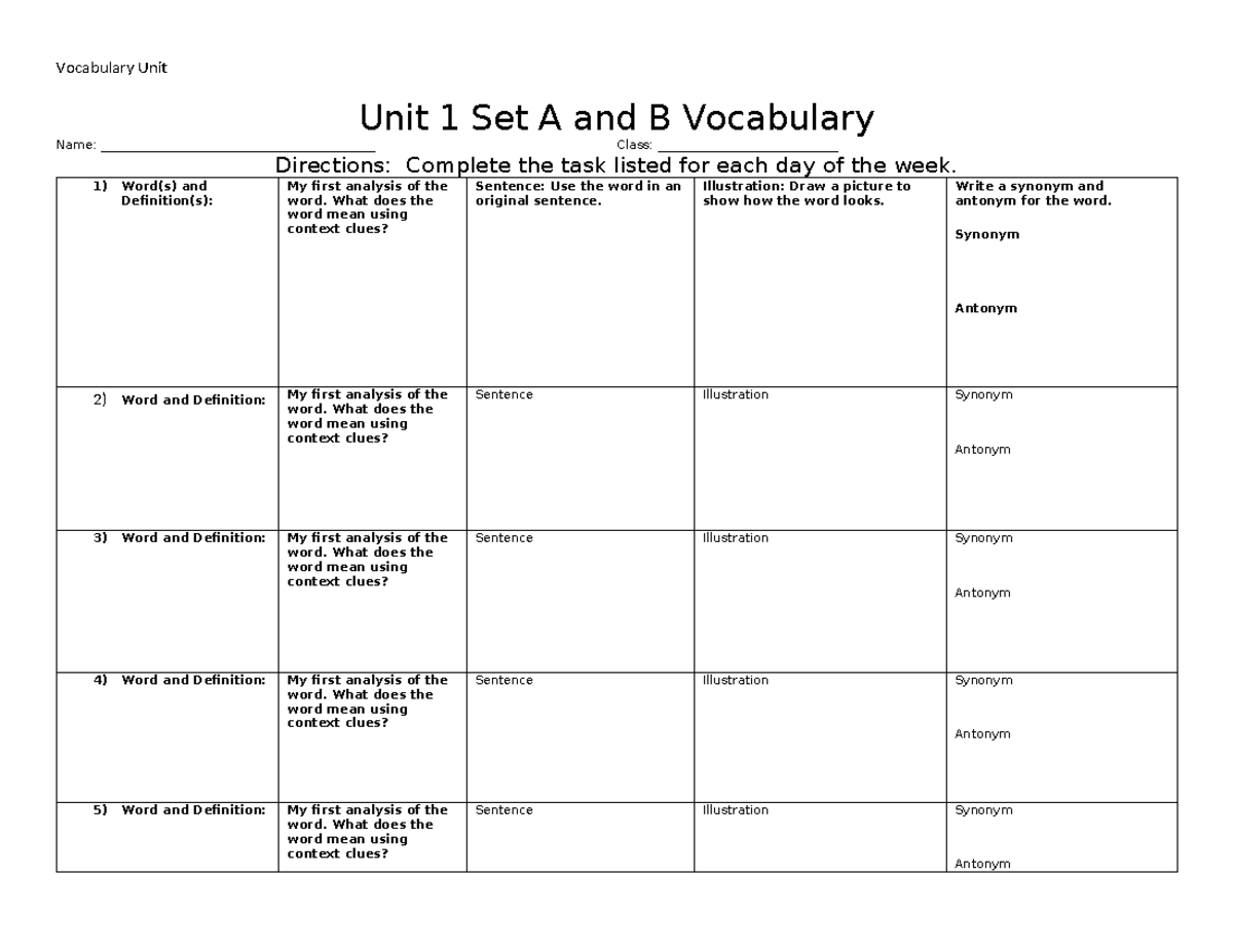 Blank Sadlier Vocabulary Sheet 1 - Unit 1 Set A and B Vocabulary Name ...