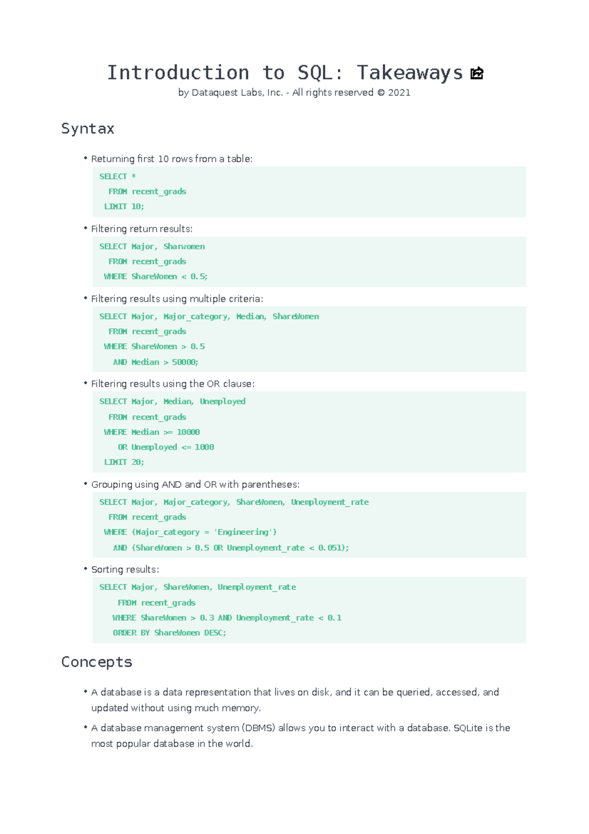 Mission 252 introduction to sql takeaways - Introduction to SQL: Takeaways by Dataquest Labs ...