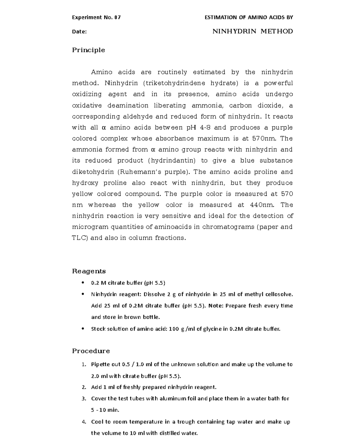 ESTIMATION OF AMINO ACID BY NINHYDRIN METHOD(WRITTEN FORMAT ...
