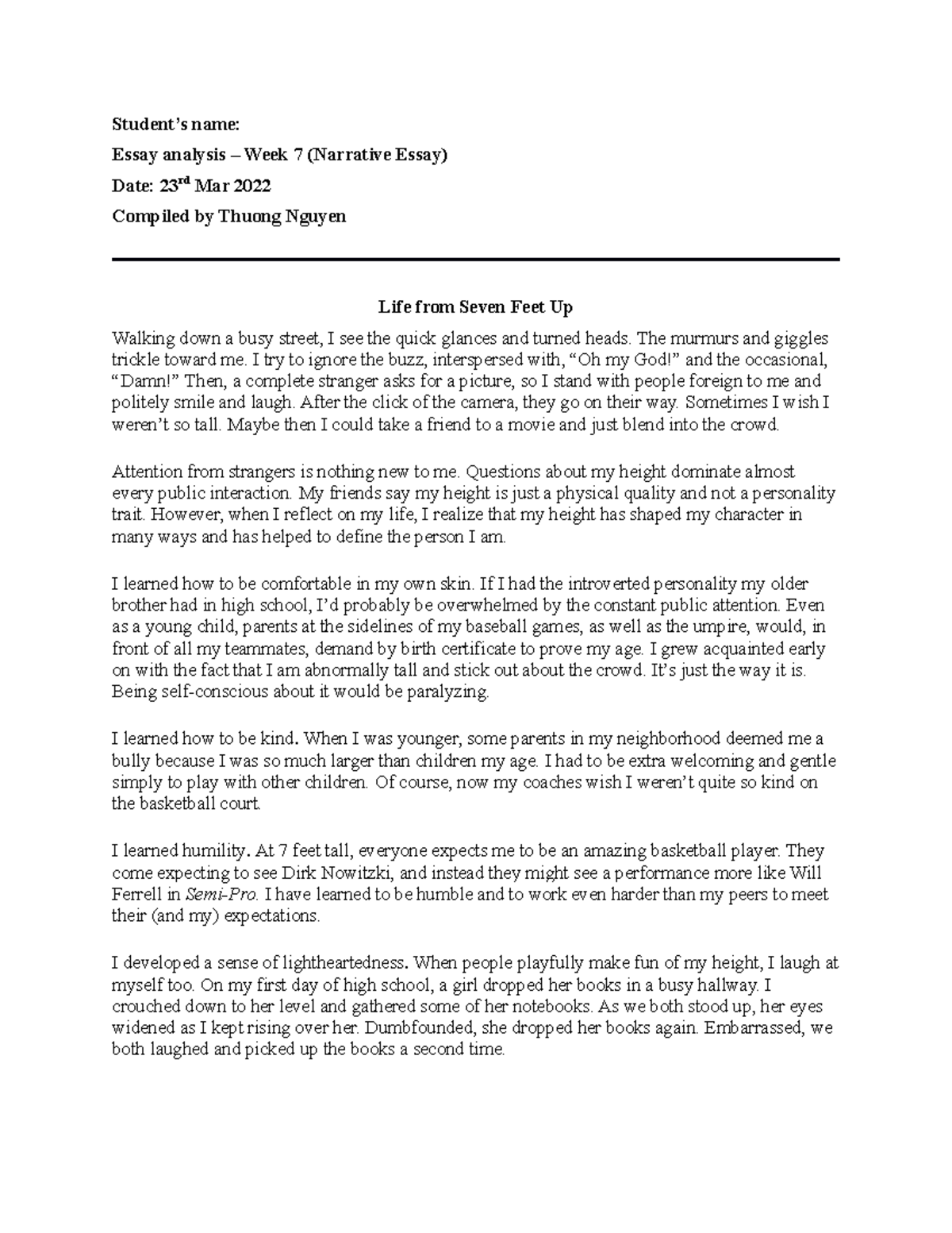 In class Practice - Narrative Essay Analysis - Student’s name: Essay ...