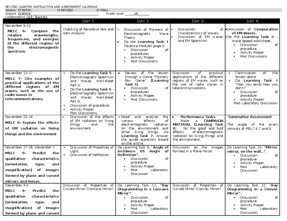 Edited-planner - science - SECOND QUARTER INSTRUCTION AND ASSESSMENT ...