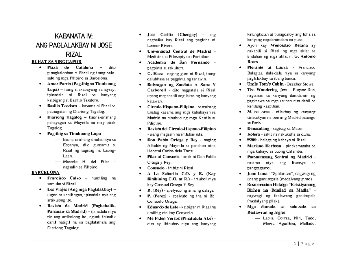 Reviewer- Rizal - KABANATA IV: ANG PAGLALAKBAY NI JOSE RIZAL BUHAT SA ...