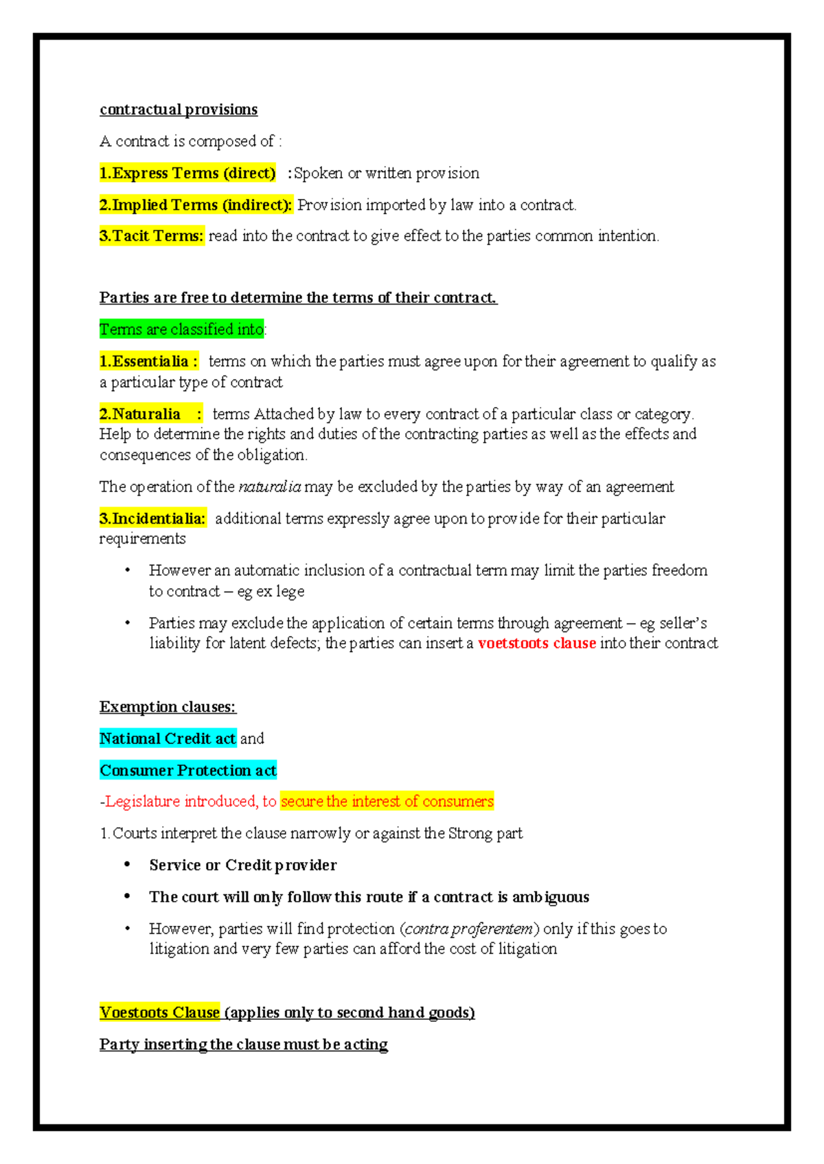 Contractual provisions - 3 Terms: read into the contract to give effect ...