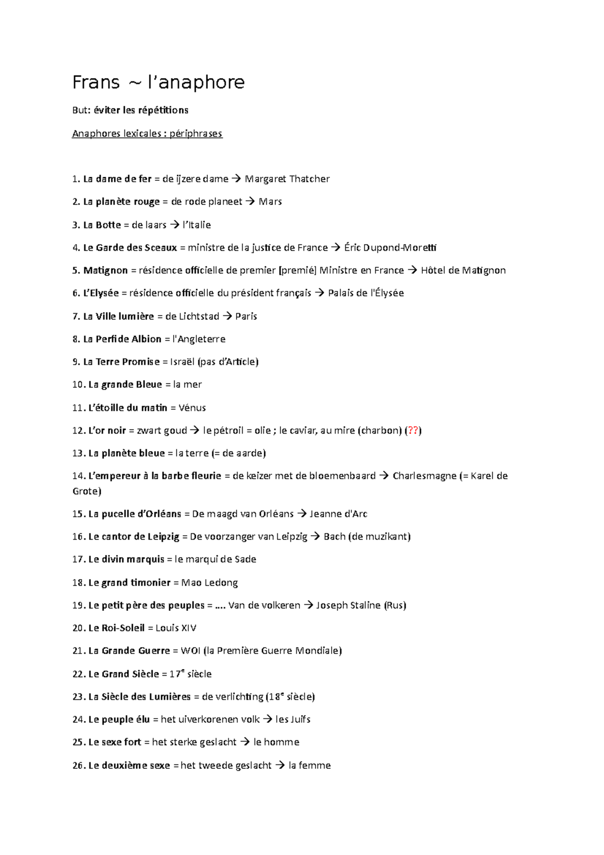 Anaphores lexicales Périphrases - Frans ~ l’anaphore But: éviter les ...