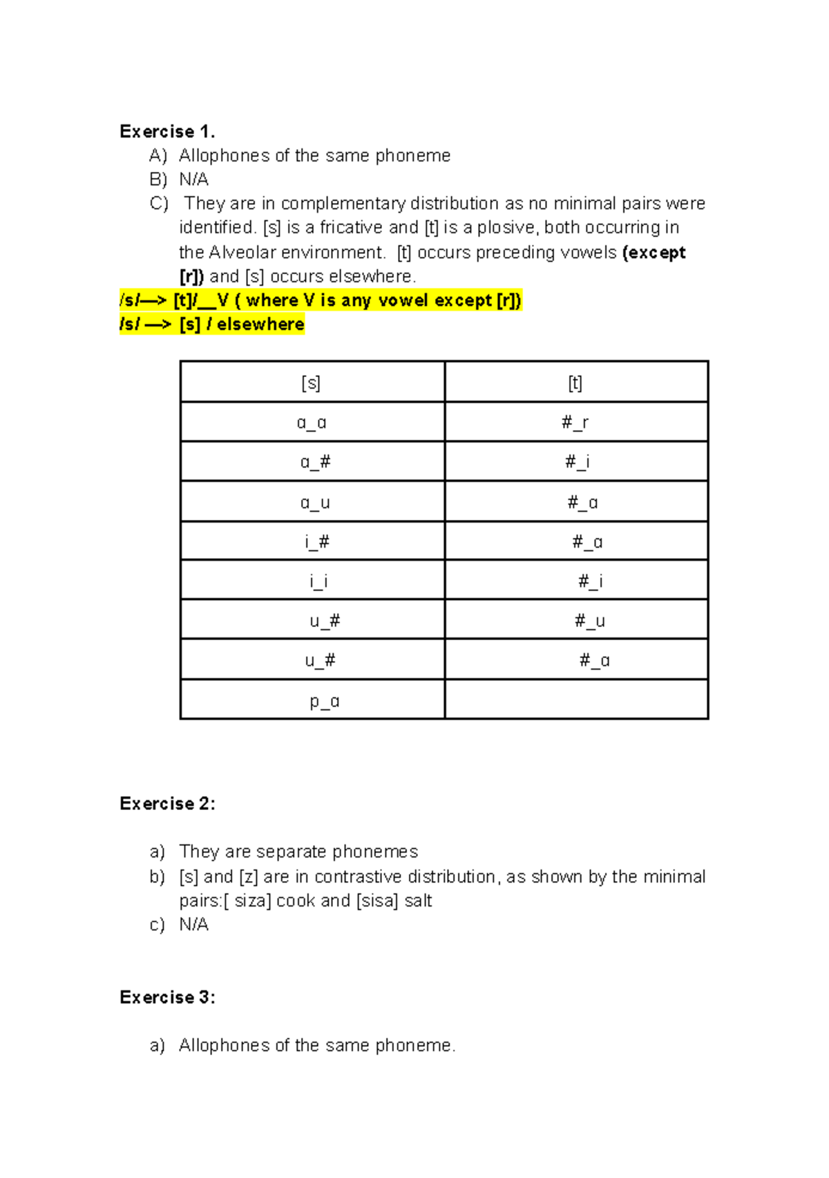 Phonological Task - Exercise 1. A) Allophones of the same phoneme B) N ...