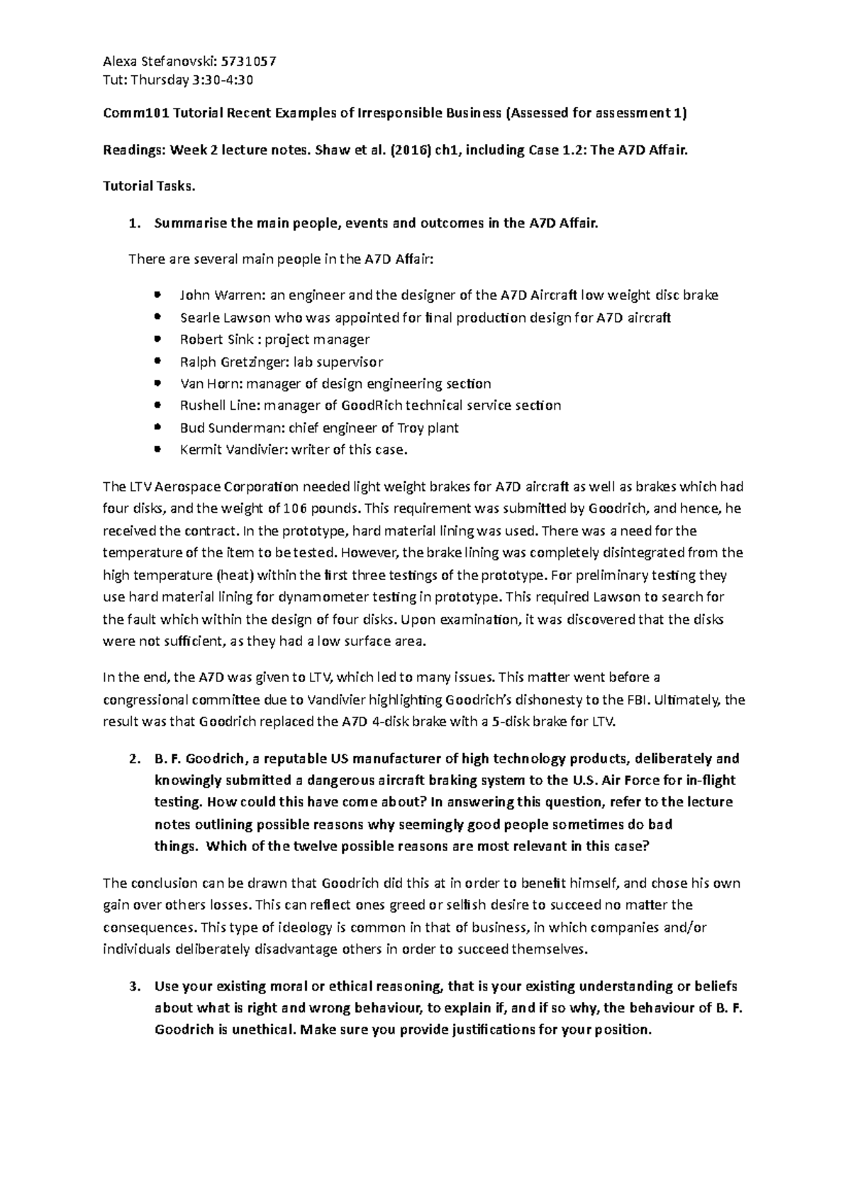 Comm101 Tutorial Recent Examples of Irresponsible Business - Shaw et al ...