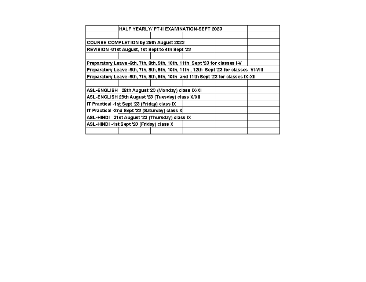 TIS Half Yearly PT 2 Datesheet - HALF YEARLY/ PT-II EXAMINATION-SEPT ...