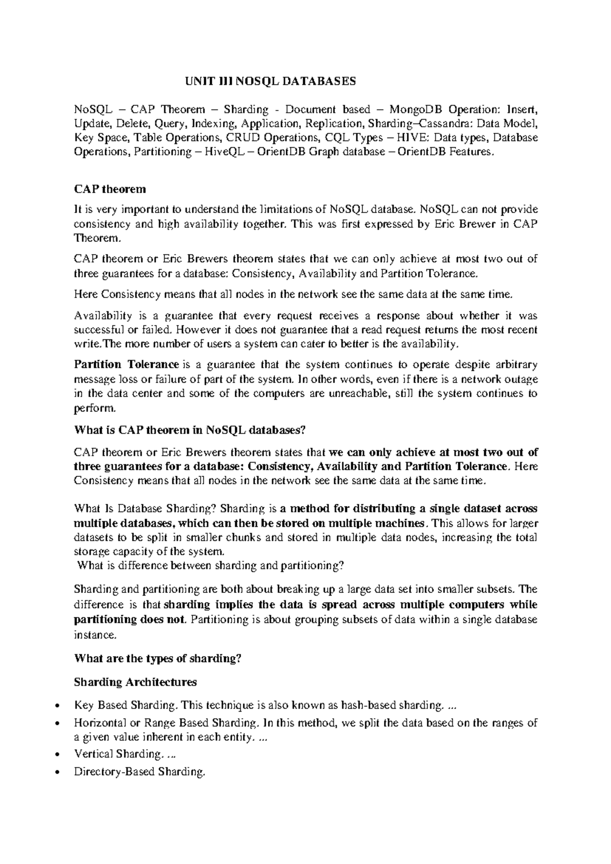UNIT-III - Easy to learn - UNIT III NOSQL DATABASES NoSQL – CAP Theorem – Sharding - Document ...