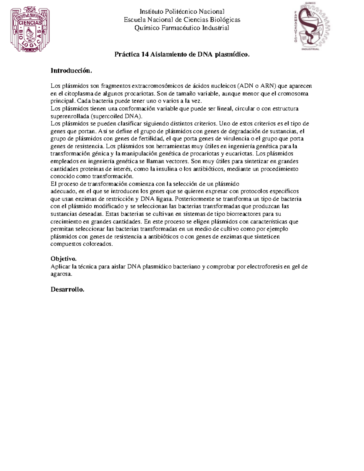 Práctica 14 Aislamiento de DNA plasmídico - Instituto Politécnico Nacional Escuela Nacional de ...