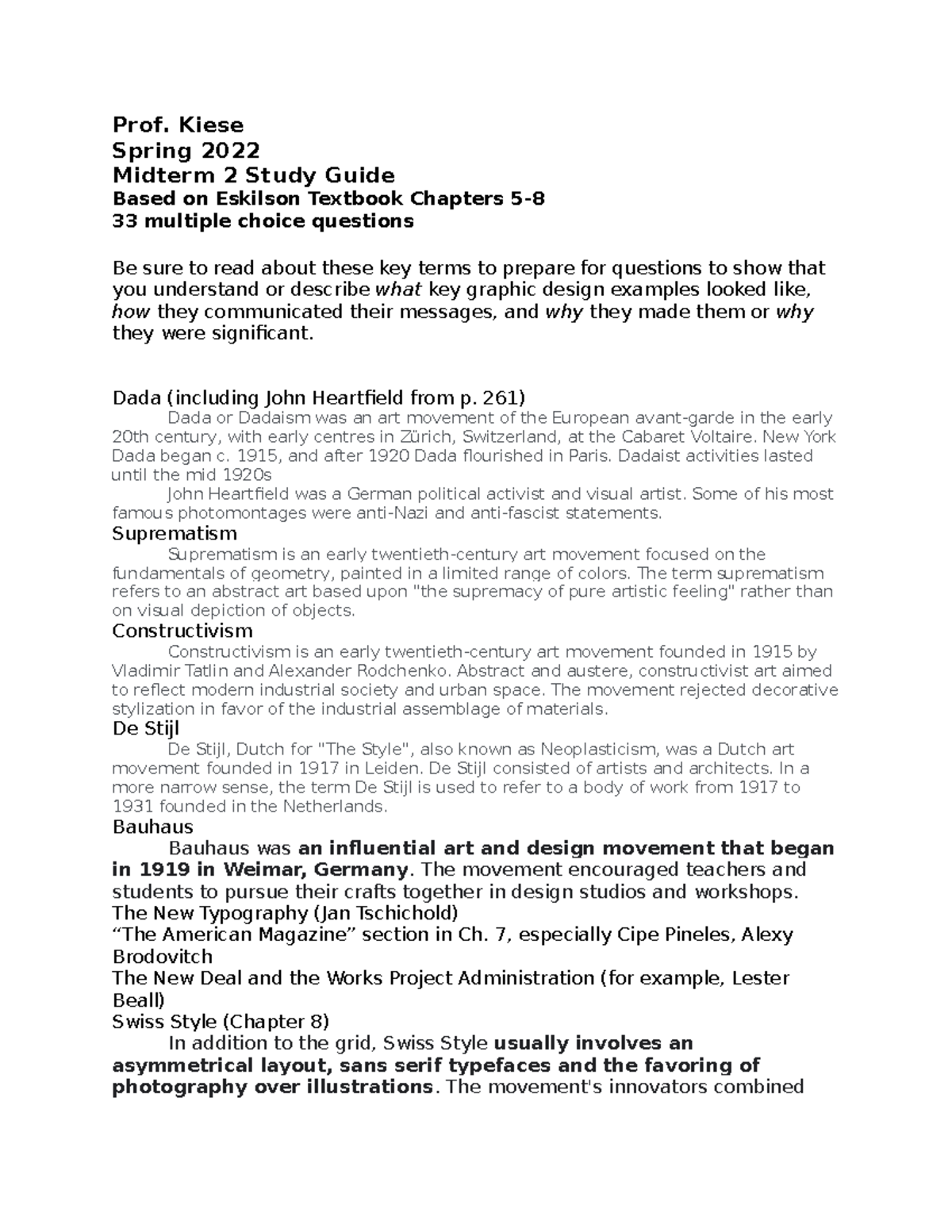 Midterm 2 study guide - Prof. Kiese Spring 2022 Midterm 2 Study Guide Based on Eskilson Textbook ...